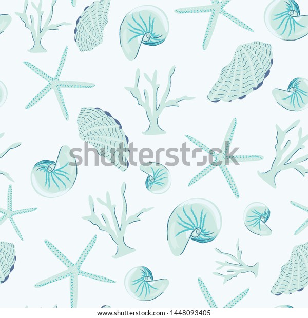Coral Shells Starfish Seamless Pattern Detailed Stock Vector (Royalty Free) 1448093405