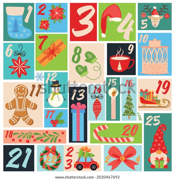 Countdown Calendar Christmas Cartoon Characters Symbols Stock Vector ...