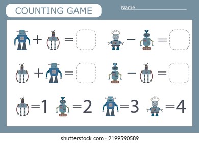 Counting Game Funny Robots Preschool Worksheet Stock Vector (Royalty ...