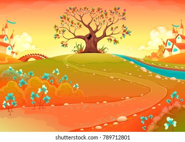 Countryside Landscape Tree Sunset Funny Cartoon Stock Vector (Royalty ...