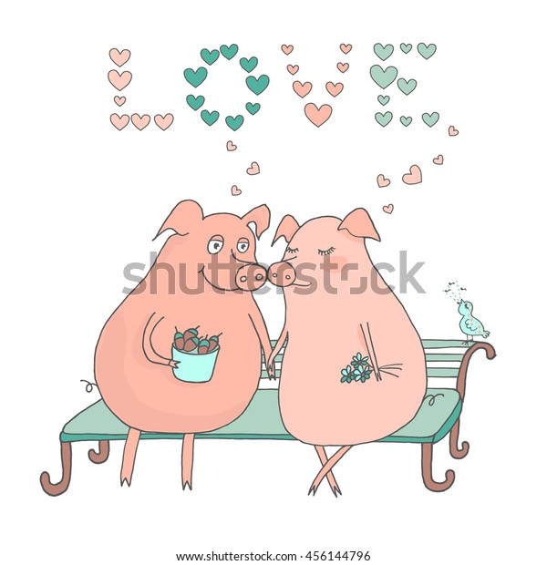 Couple Cute Pigs Sitting On Bench Stock Vector (Royalty Free) 456144796 ...