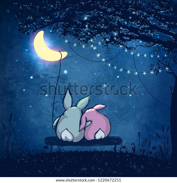 Couple Cute Rabbits Hugging Under Magical Stock Vector (Royalty Free ...