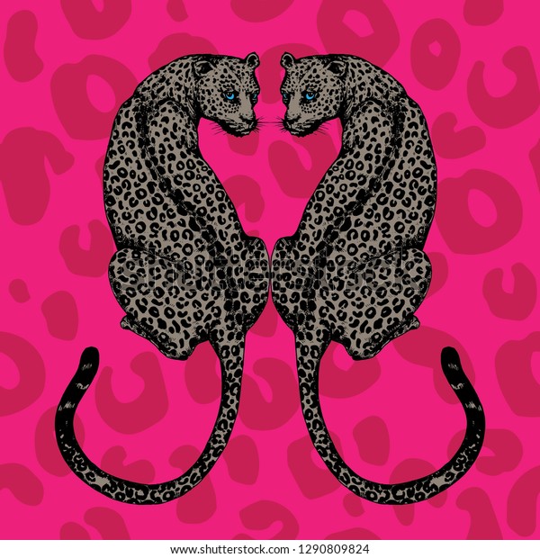 Couple Jaguars On Pink Pattern Backgroundhand Stock Vector (Royalty ...