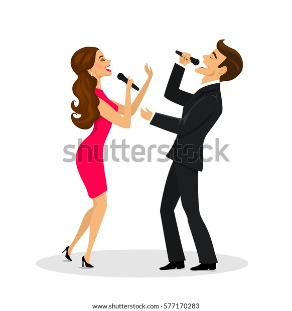 Couple Man Woman Singing Karaoke Isolated Stock Vector Royalty Free