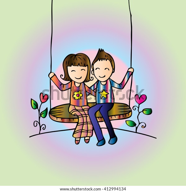 Couple On Swing Hand Drawing Illustration Stock Vector (Royalty Free ...