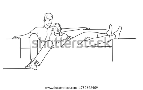Couple Relaxing On Couch Line Drawing Stock Vector (Royalty Free ...