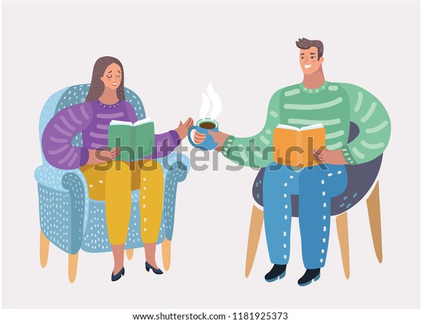Couple sitting on chairs reading books. Wife and husband drinking cup ...