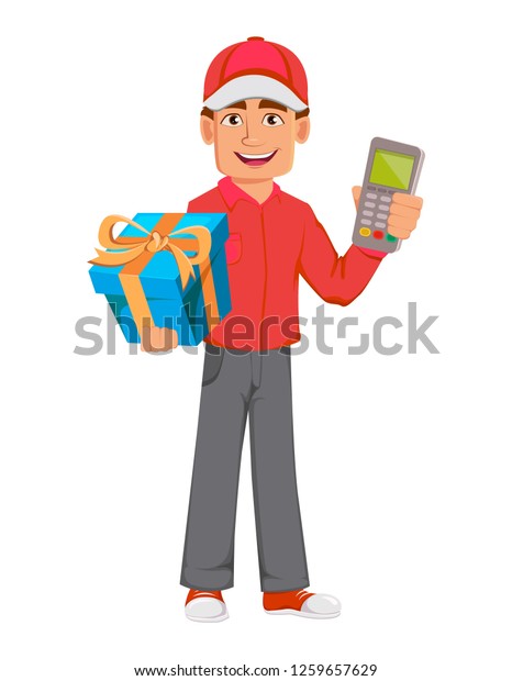 Courier Man Red Uniform Handsome Delivery Stock Vector (Royalty Free ...