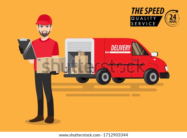 Courrier avec le colis à l'arrière-plan : image vectorielle de stock ...