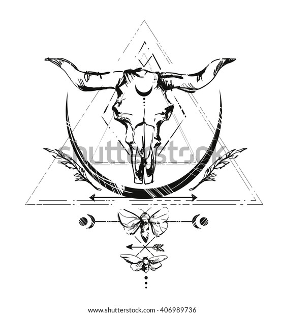 Cow Skull Boho Style Sketch Butterfly Stock Vector Royalty Free 406989736 Shutterstock