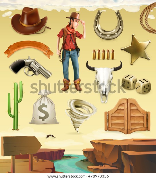 Cowboy Cartoon Character Objects Western Adventure Stock Vector ...