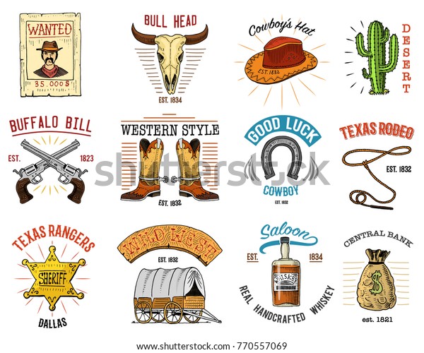 Cowboy Set Badges Wild West Rodeo Stock Vector (Royalty Free) 770557069 ...