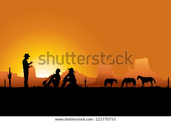 Cowboys Resting Sunset Stock Vector (Royalty Free) 222770755 | Shutterstock