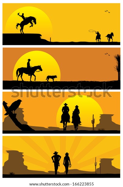 Cowboys Western Landscape Vector Stock Vector (Royalty Free) 166223855 ...