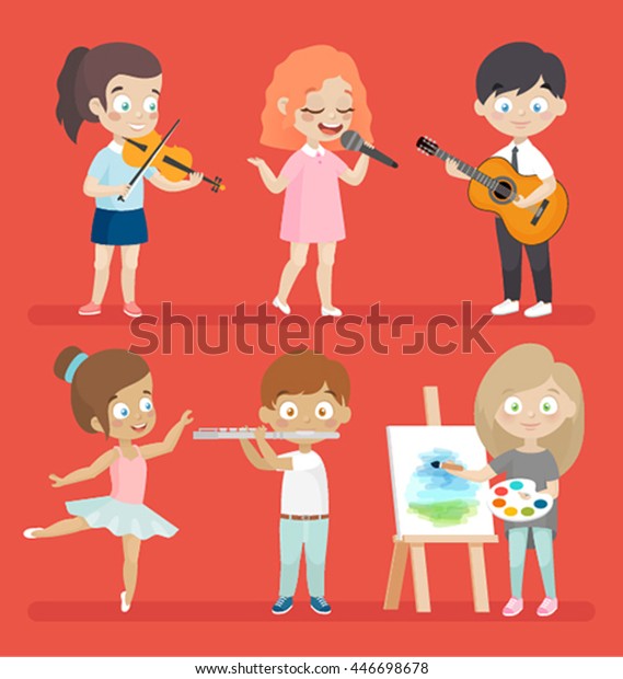Creative kids playing musical instruments, dancing, painting, playing ...