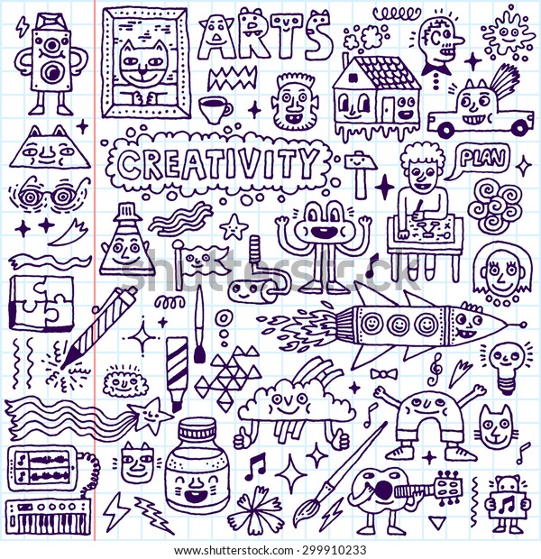 Creativity Activities Funny Doodle Cartoon Set: เวกเตอร์สต็อก (ปลอดค่า ...