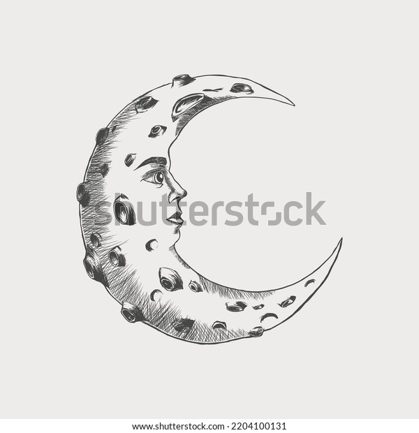 Crescent Moon Face Craters Sketch Isolated Stock Vector (Royalty Free ...