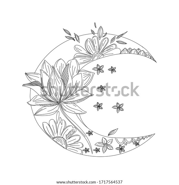 Crescent Moon Flowers Hand Drawn Outline Stock Vector (Royalty Free ...