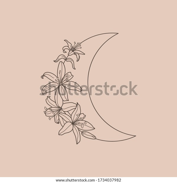Crescent Moon Lily Flowers Trendy Minimal: стоковая векторная графика ...