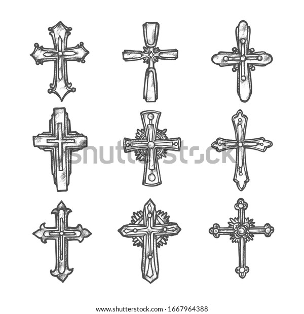 Dibujo cruzado, vectorial ornamentado crucifijo medieval y cristiano ...