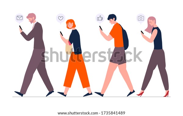 Crowd People Walking Using Smartphones Mobile 库存矢量图（免版税）1735841489