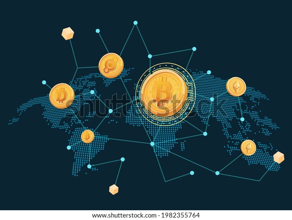 Cryptocurrency Coins World Map Connecting Connecting Stock Vector ...