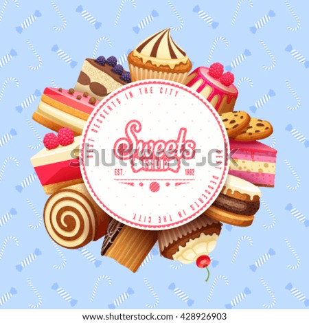Cupcakes Pastry Sweets Flat Round Composition Vector de stock (libre de regalías)428926903 ...