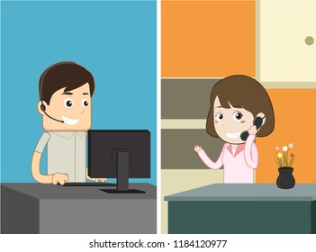 Customer Calling Customer Service Cartoon Character 스톡 벡터(로열티 프리 ...