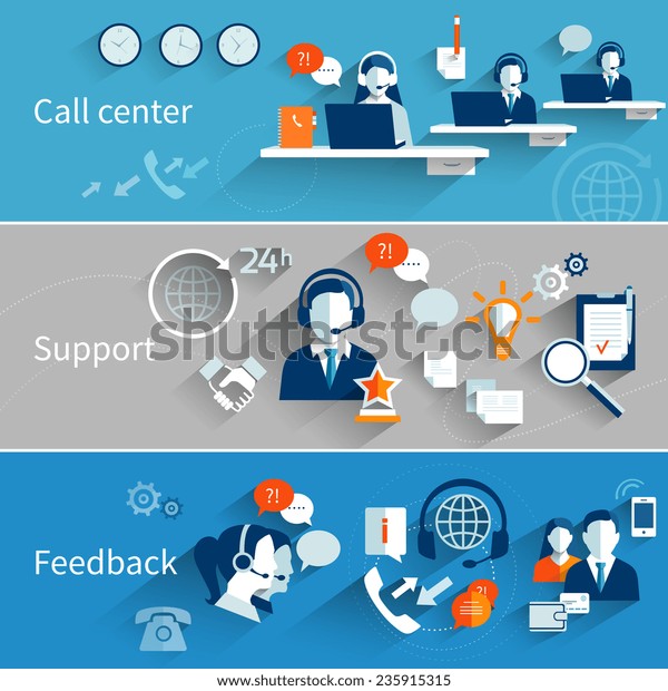 Customer service banners set with call center support feedback isolated ...