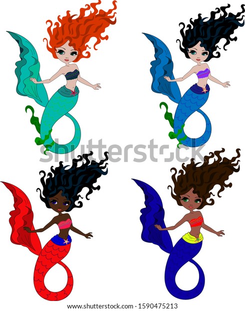 Cute 4 Mermaids Vector Clipart Stock Vector (Royalty Free) 1590475213 ...