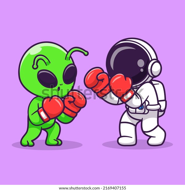 Vektor Stok Cute Alien Astronaut Fighting Boxing Cartoon (Tanpa Royalti ...