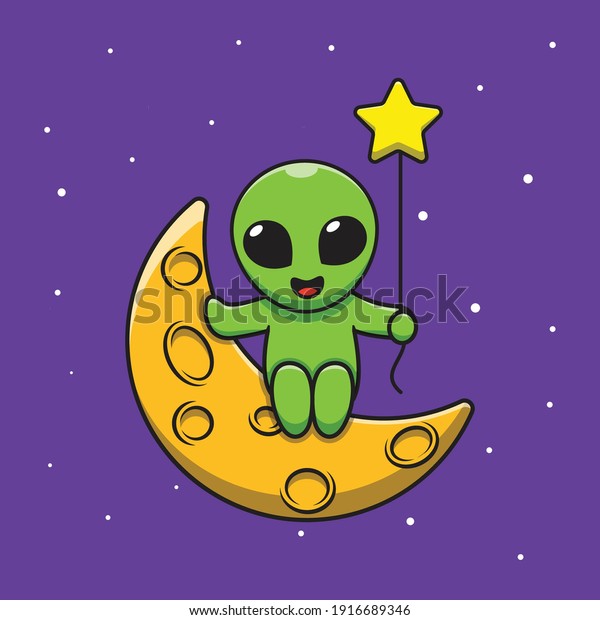 Cute Alien Holding Star Balloon Moon Stock Vector (Royalty Free ...