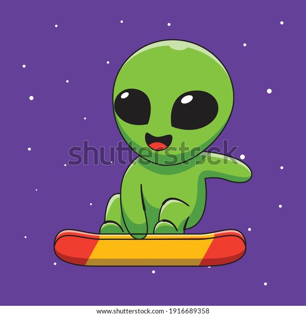 Cute Alien Playing Snowboard Space Cartoon Stock Vector (Royalty Free ...