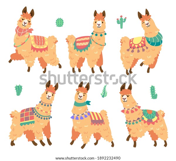 Cute Alpaca Character Different Emotions Isolated Stock Vector (Royalty ...