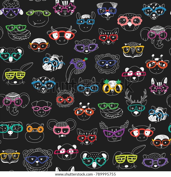Cute Animal Faces Funny Glasses Doodle Stock Vector (Royalty Free ...