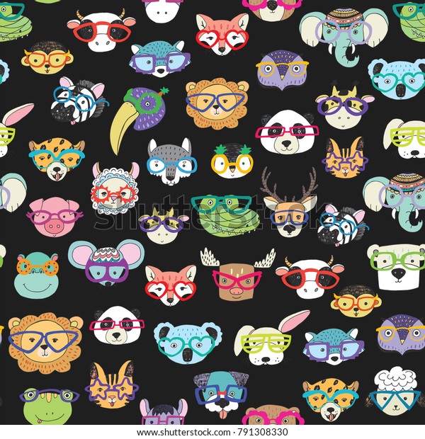 Cute Animal Faces Funny Glasses Doodle Stock Vector (Royalty Free ...