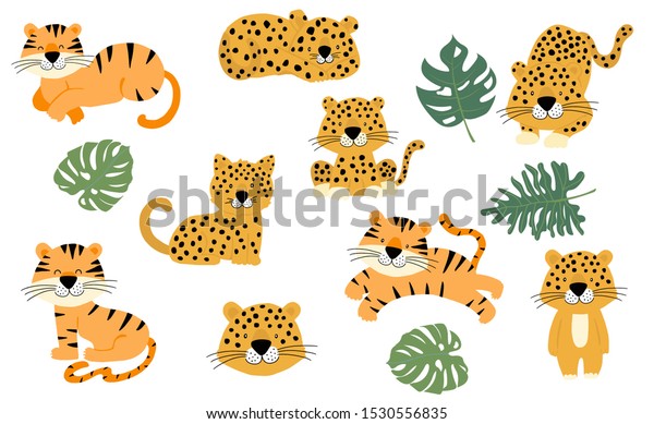 Cute Animal Object Collection Leopardtiger Illustration Stock Vector ...