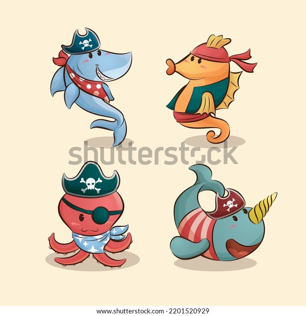 Cute Animal Pirate Characters Cartoon Illustration Stock Vector ...