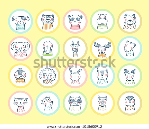 Cute Animal Round Stickers Set Hand Stock Vector (Royalty Free ...