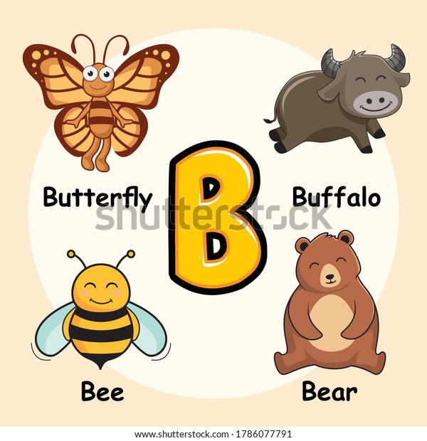 Cute Animals Alphabet Letter B for Butterfly Buffalo Bee Bear
