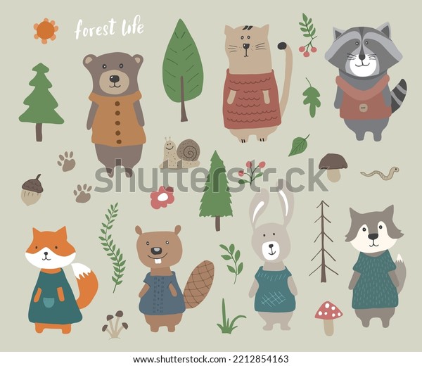 Cute Animals Clothes Cartoon Forest Wildlife Stock Vector (Royalty Free ...