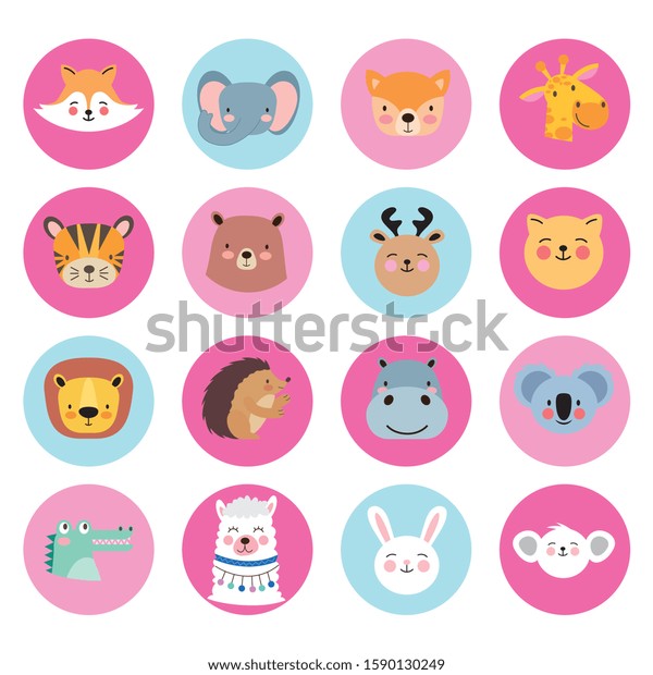 Cute Animals Faces Circle Shapes Isolated Stock Vector (Royalty Free ...
