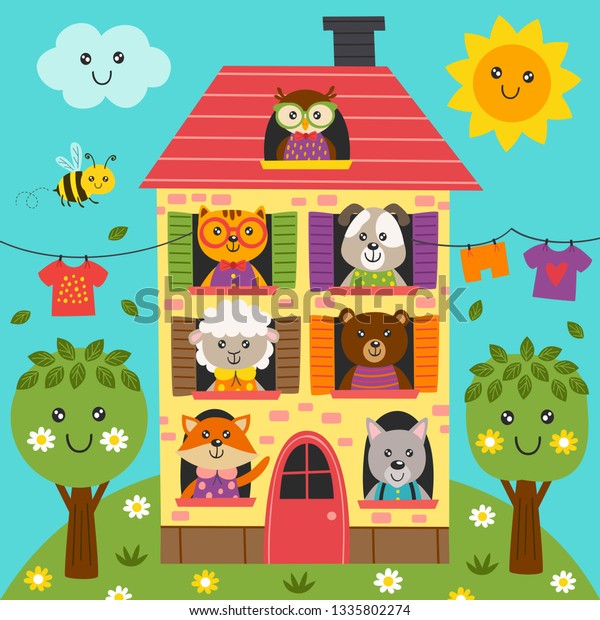 Cute Animals House Vector Illustration Eps 스톡 벡터(로열티 프리) 1335802274 ...