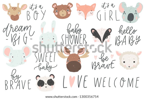 Cute Animals Isolated Illustration Lettering Children Stock Vector ...