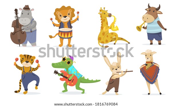 Cute Animals Playing Musical Instruments Flat Stock Vector (Royalty ...