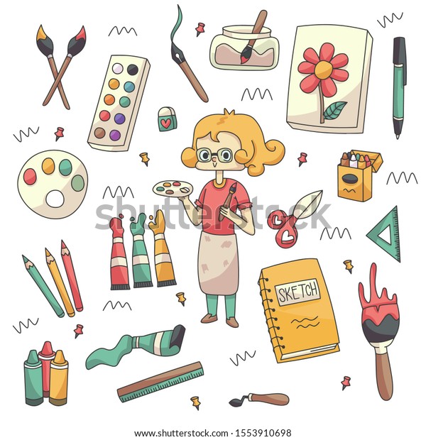 Cute Artist Art Materials Doodle Collection Stock Vector (Royalty Free ...