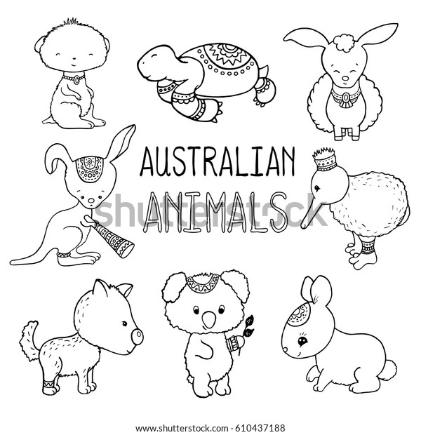 Cute australian animals outlined vector drawing. Animals of Australia ...