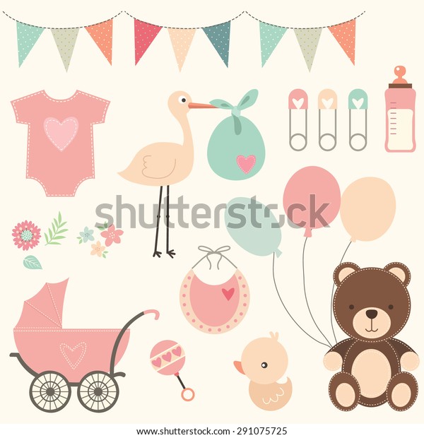 Cute Baby Shower Elements Set Stock Vector (Royalty Free) 291075725
