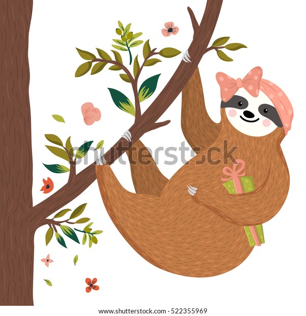Cute Baby Sloth Hanging On Tree Stock Vector (Royalty Free) 522355969
