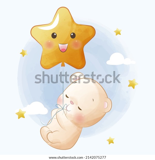 Cute Bear Flying Balloon Sky Among Stock Vector (Royalty Free ...